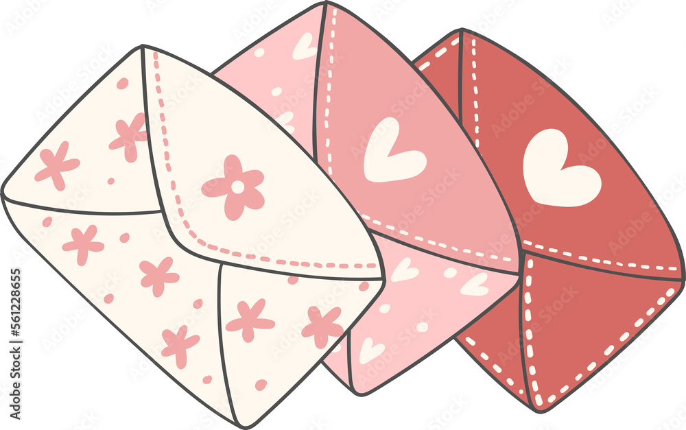 Cute pile of sweet Valentine love letter envelope doodle cartoon hand ...
