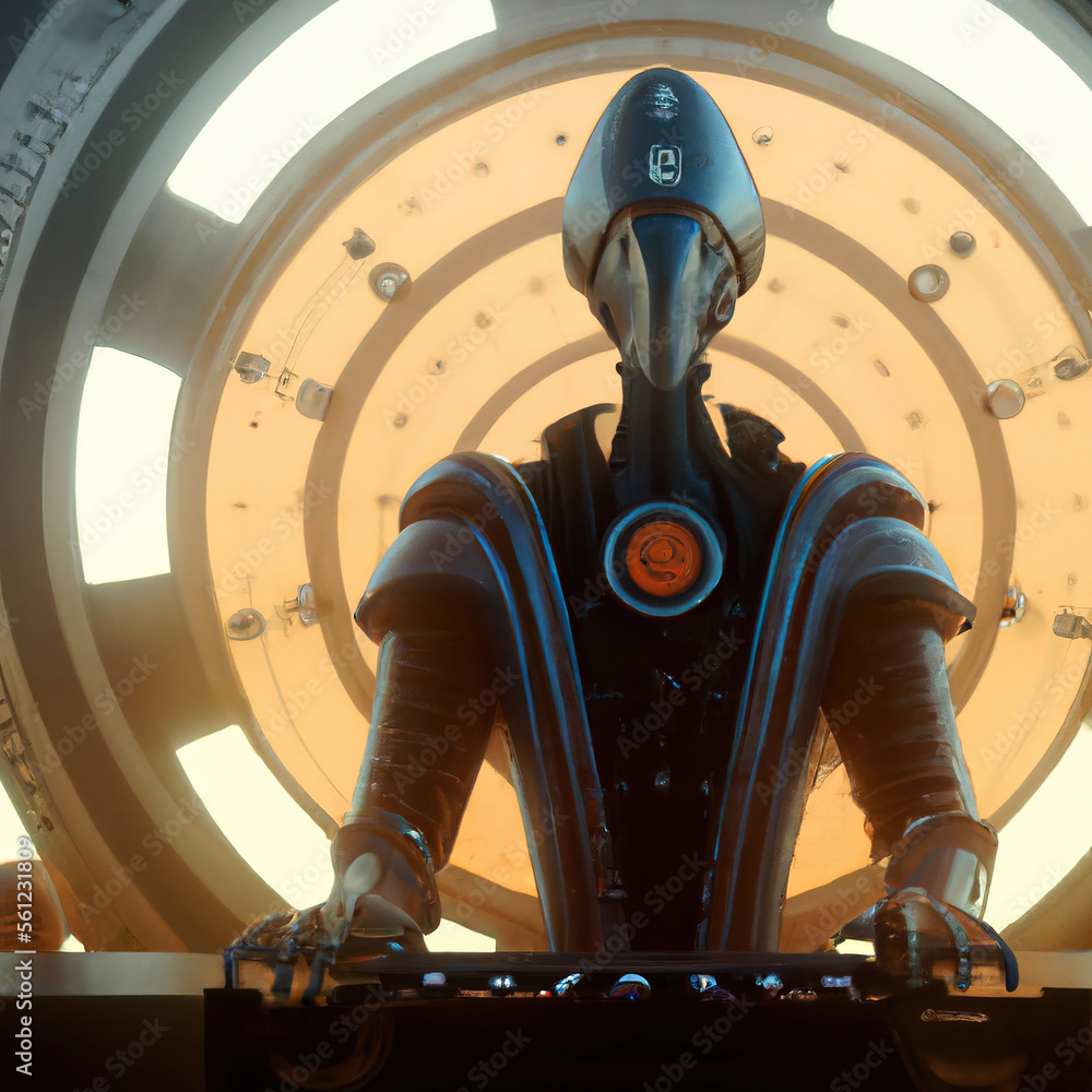 Alien robot space pilot in cockpit on his spaceship or an alien dj with ...