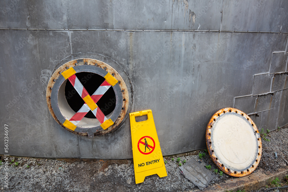 Stainless tank with chemical open manhole Stock Photo | Adobe Stock