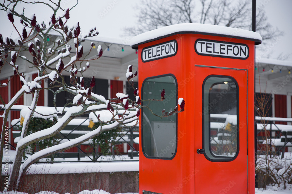 Typical Swedish public telephone booth. It is located in Skansen park ...