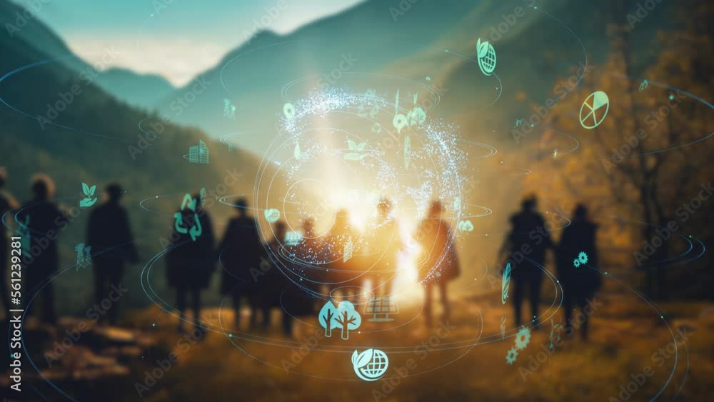 Group of people in nature and environmental technology concept. Green ...
