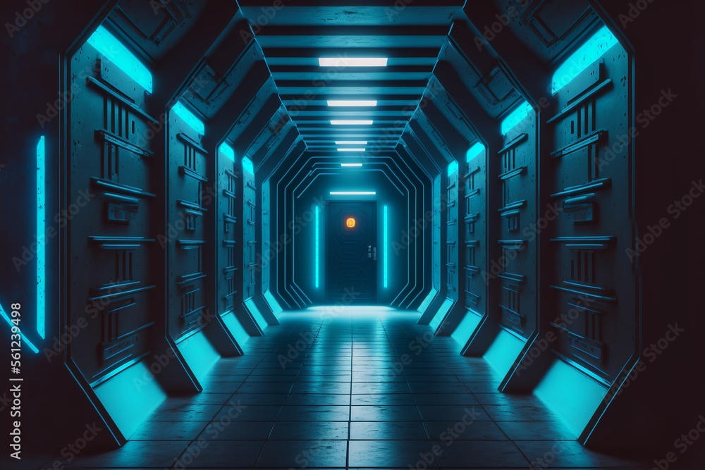 Sci Fi Futuristic Alien Cyber Dark Hallway Room Corridor Neon Blue ...