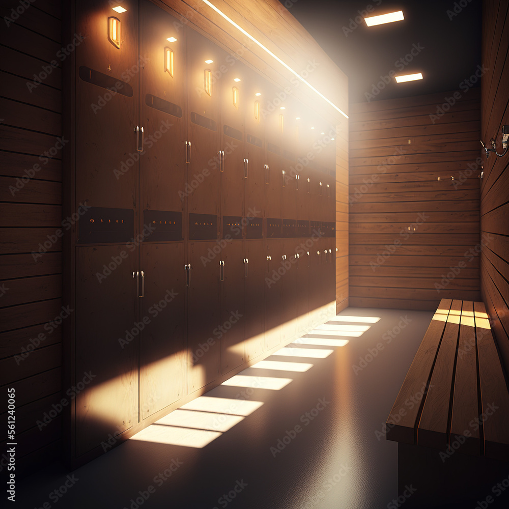 Minimalist locker room. Wooden bench. Athletes space. Locker room ...