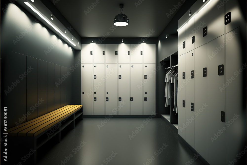 Minimalist locker room. Wooden bench. Athletes space. Locker room ...