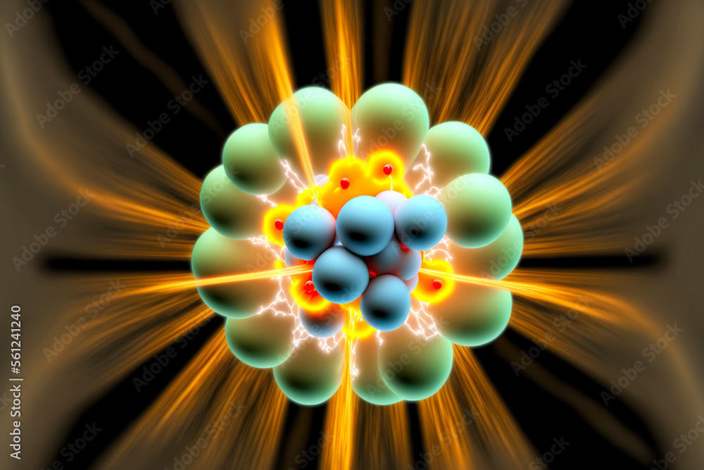 volumetric model of protons and neutrons rotating on atom orbit Stock ...