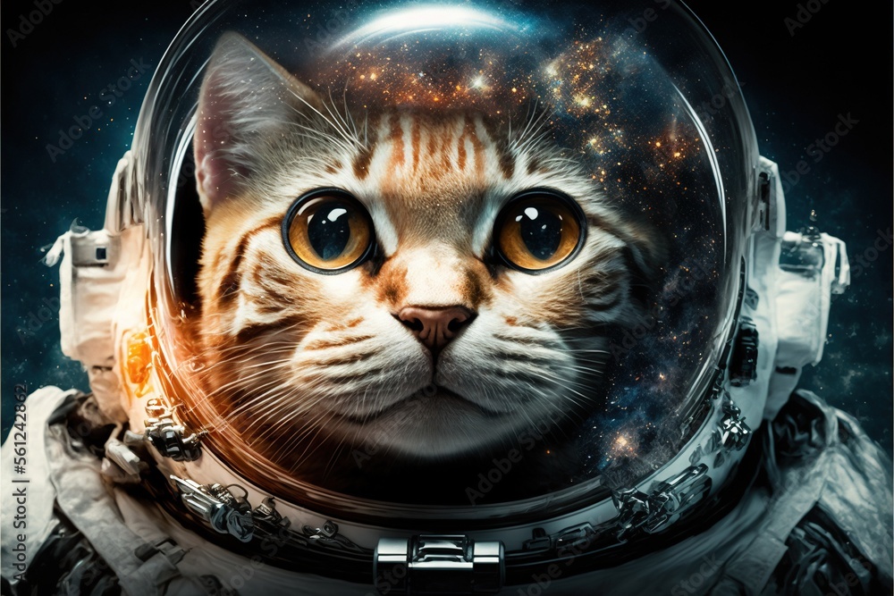 a cat in a space suit with a space background and stars in the sky ...