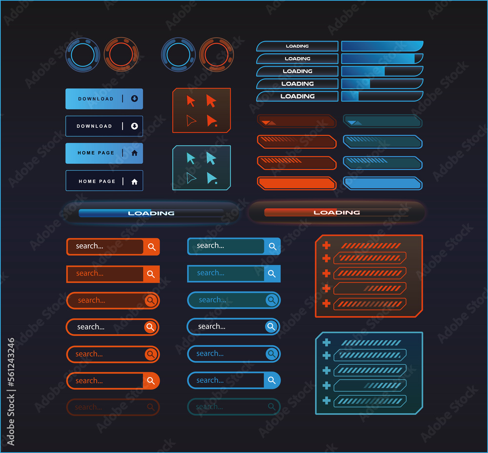 Sci fi futuristic UI elements set, icons, buttons, loading progress bar, mouse arrows ...