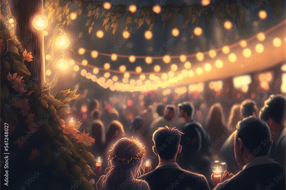 a painting of a crowd of people at a wedding reception with lights ...