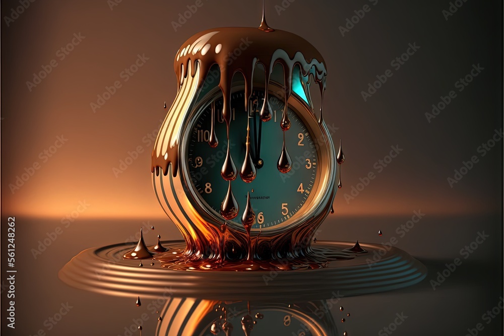 a clock with a liquid splashing out of it's face on a reflective ...