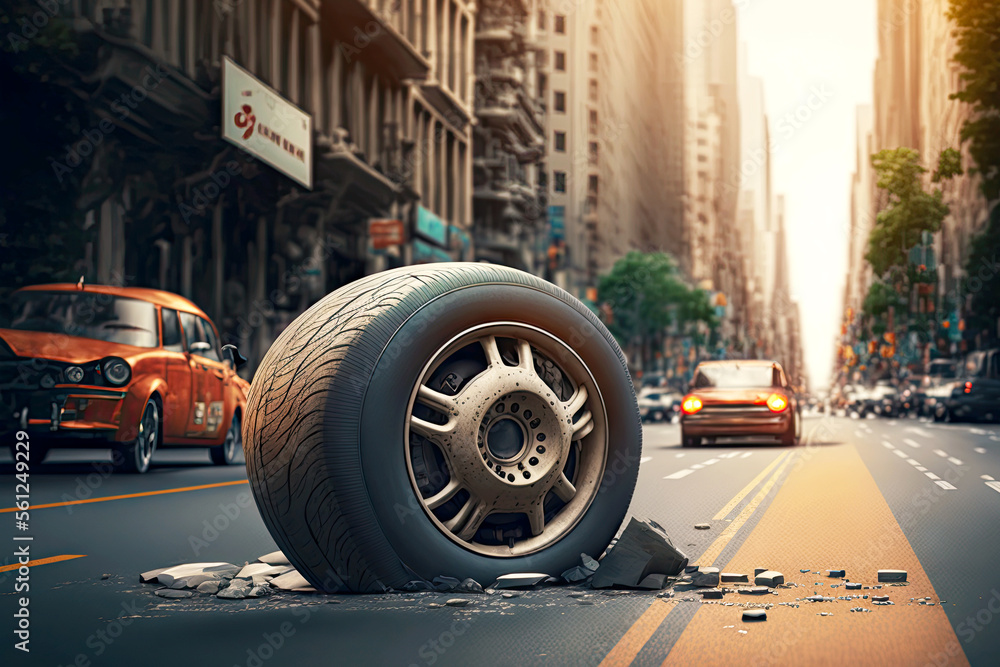 broken car with flat wheels in middle of road in city car accident ...