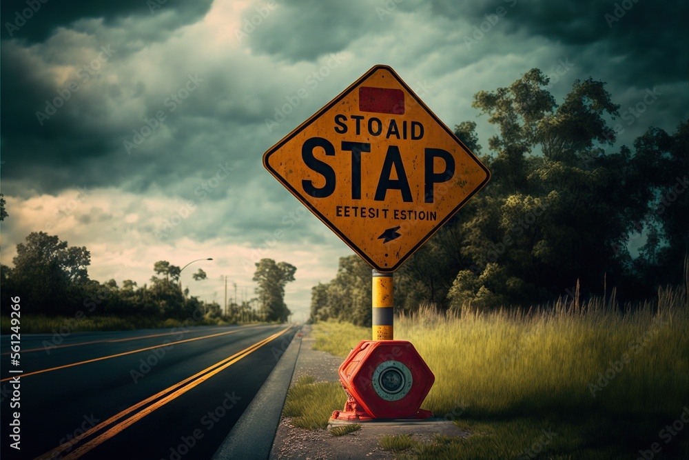 emergency stop sign installed on road in front of car accident Stock ...