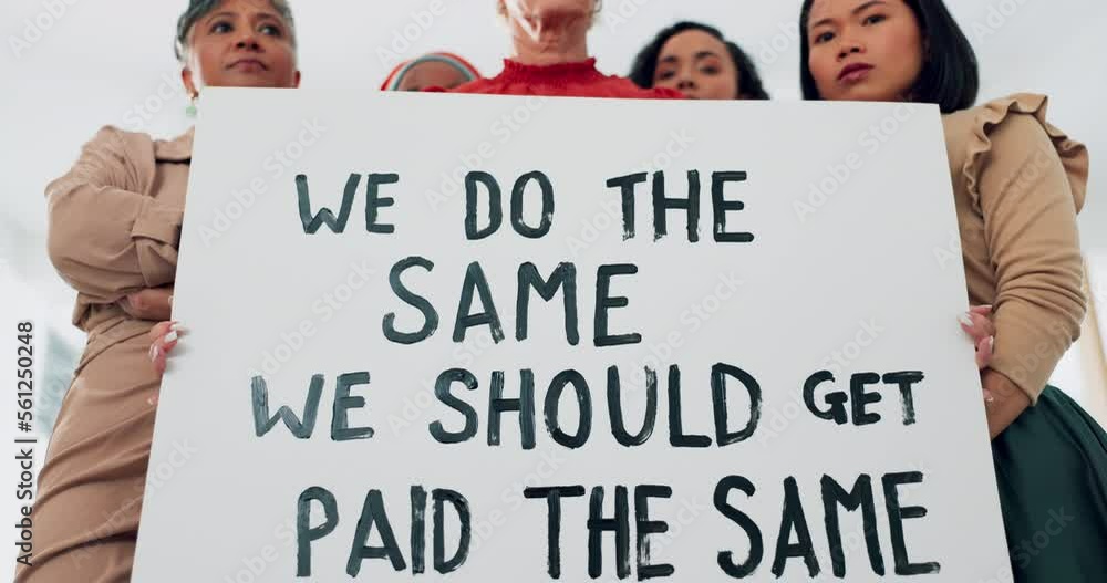 Face, poster and equal pay with a business woman team holding a sign in ...