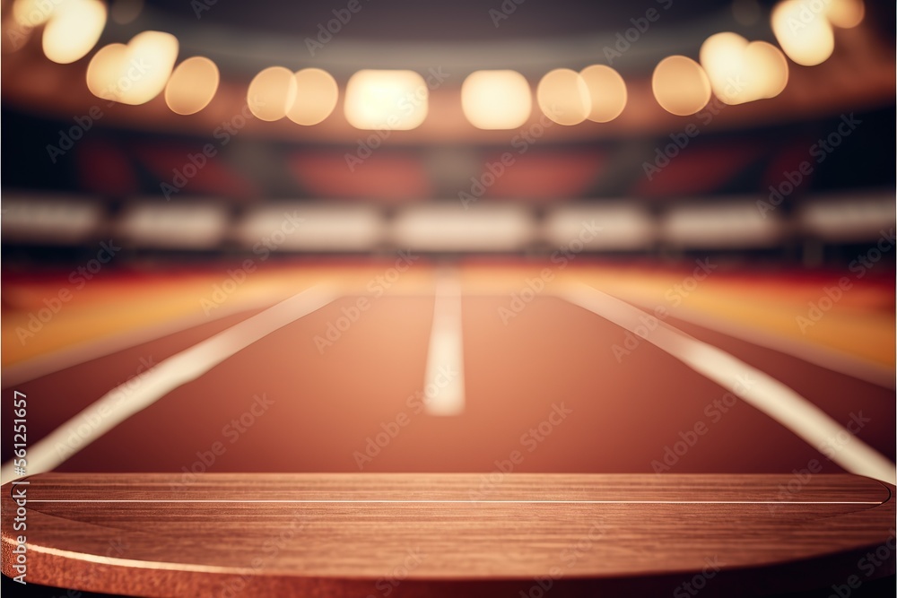 Wood table top on blurred background of Red running tracks in sport ...