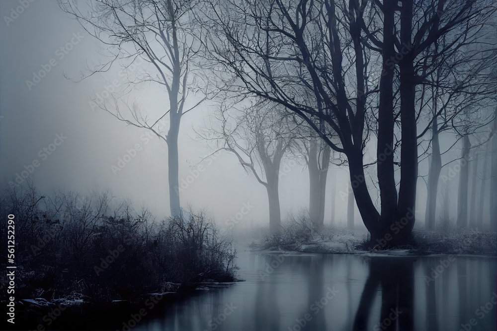 Illustration of a mysterious river in the forest in early spring ...