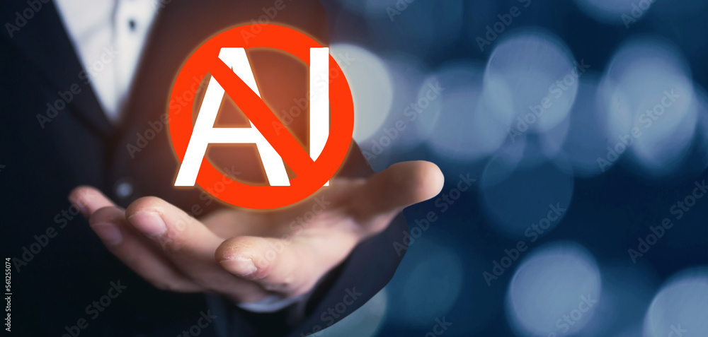 Man showing No AI symbol. Stop AI Stock Photo | Adobe Stock