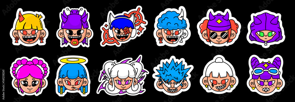 Cartoon stylish young people faces. Y2k characters, ignorant punk ...