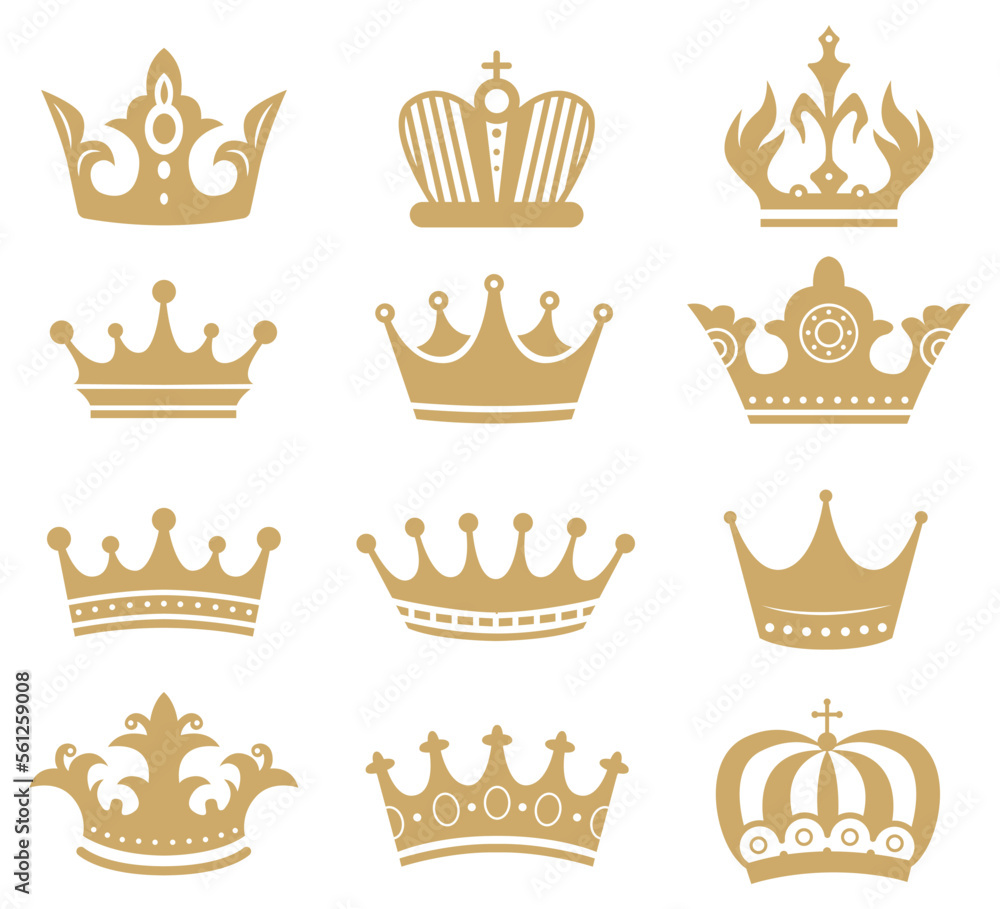 Gold Crown Silhouette Royal King And Queen Elements Isolated On White