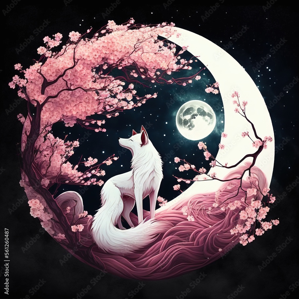 White wolf under the moon and sakura flowers, anime style, generative ...