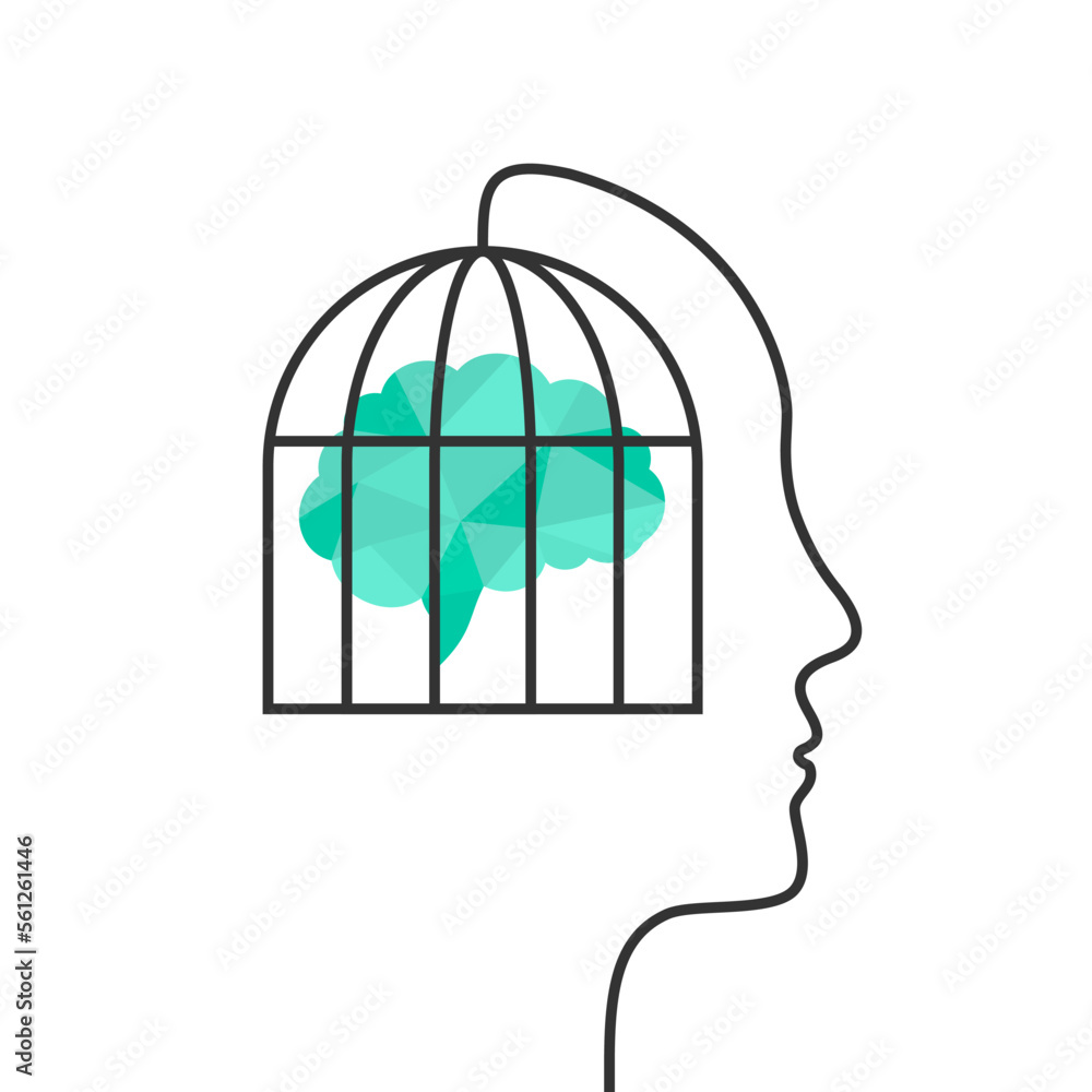 Brain as prisoner inside a cage and human head silhouette with face ...