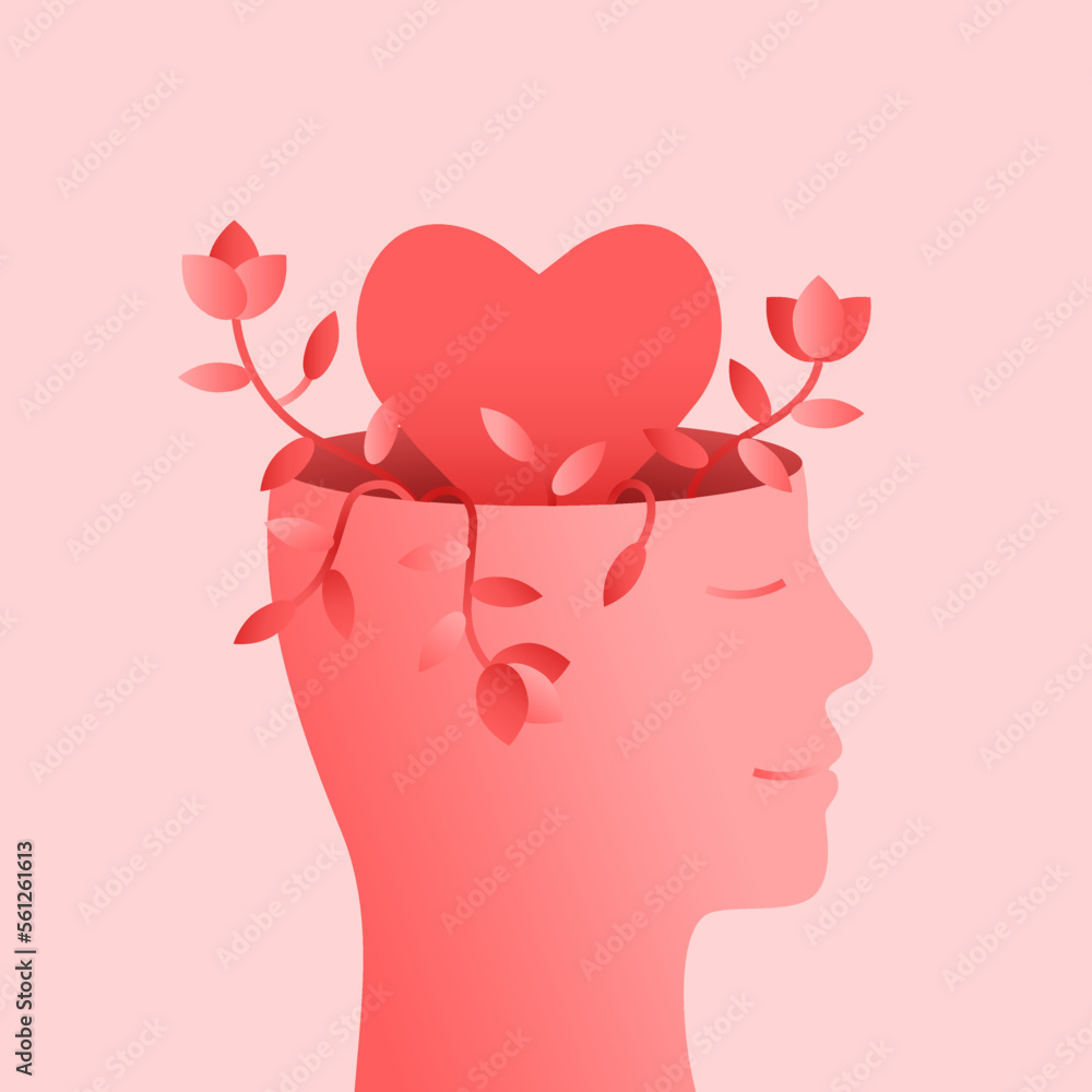 Heart inside the head of a smiling happy person as love, mental and ...