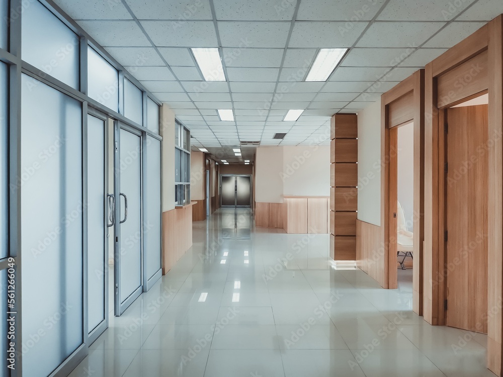 Empty hospital interior corridor, hallway with sterile floor to reduce ...