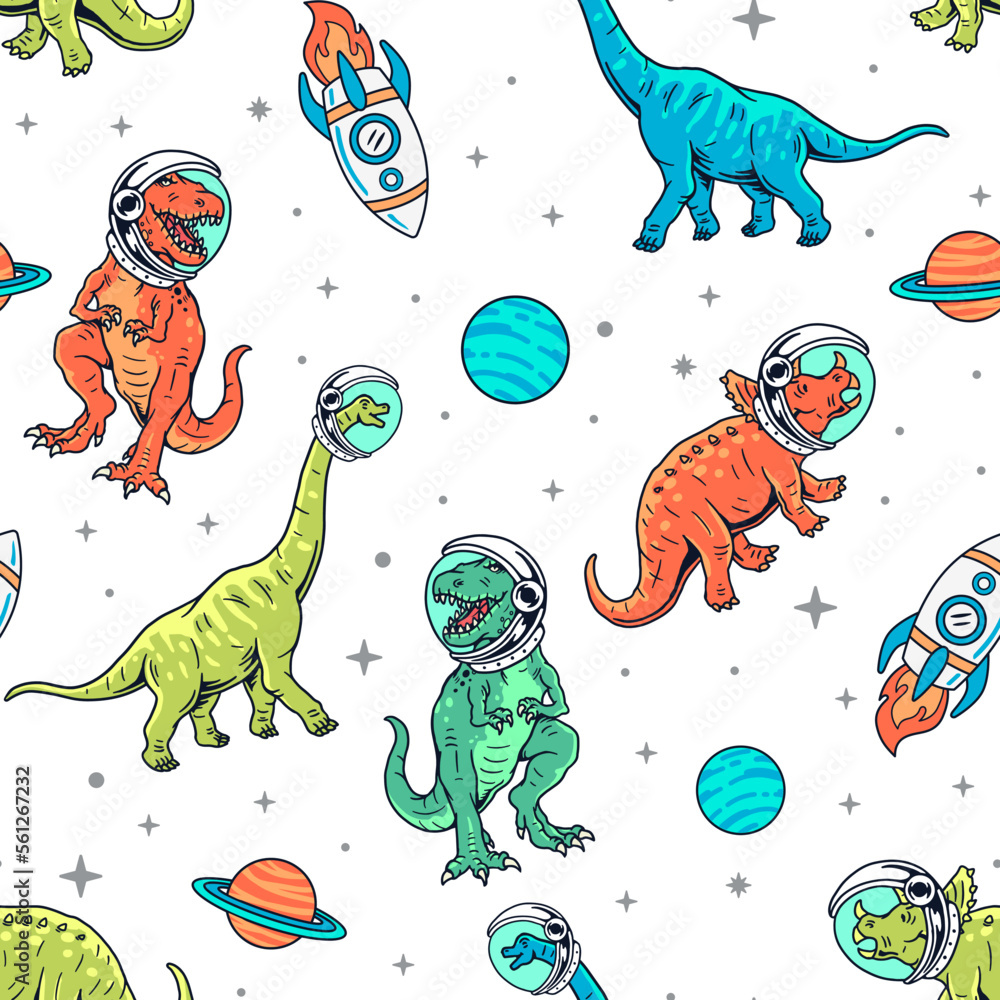 Dinosaurs in space seamless repeat pattern. Hand-drawn vector dinosaur ...