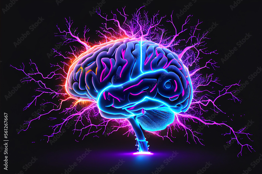 Neon brain on a black background. Created with generative Ai technology ...