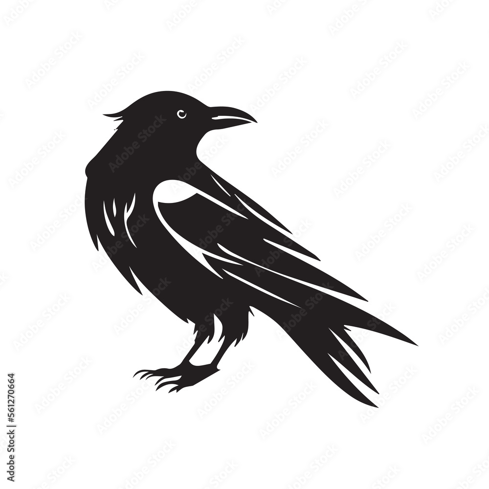 Crow minimal black and white vector illustration icon. Black bird with ...
