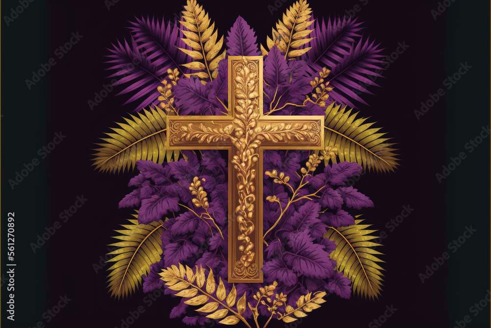 Gold cross crucifix sign with spiny vine and plam leaves, Generative AI ...