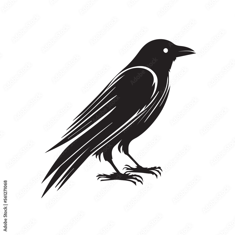Crow minimal black and white vector illustration icon. Black bird with ...
