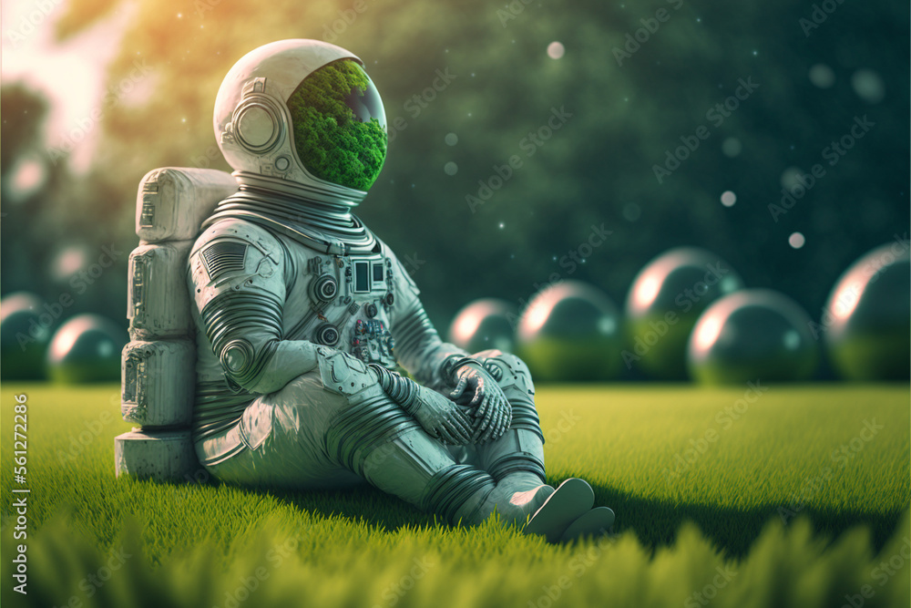 astronaut on the lawn in the lotus position and meditating ...
