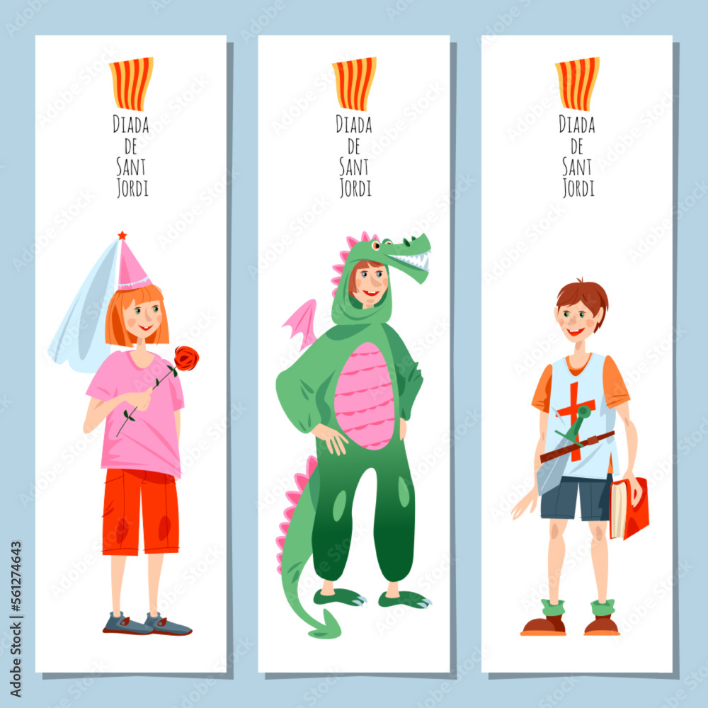 Vetor de Set of bookmarks with children in carnival costumes: princess ...