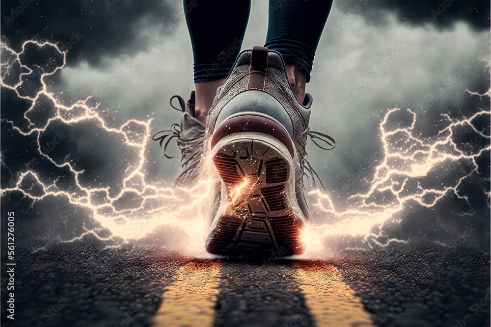 a person standing on a road with a pair of shoes on it and lightning ...