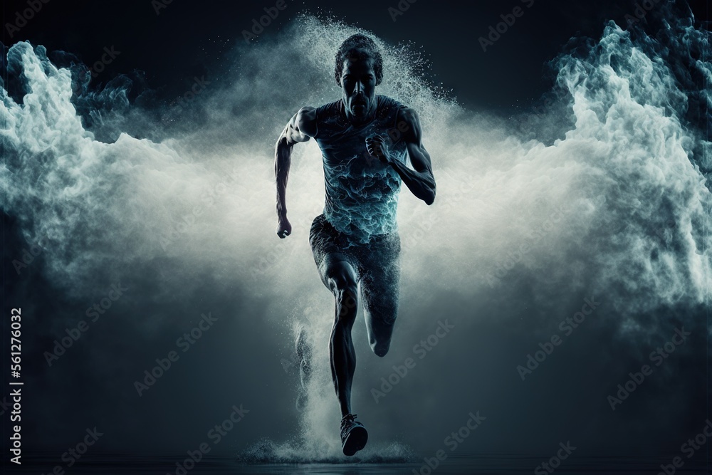 a man running through a cloud filled sky with a sky background and a ...