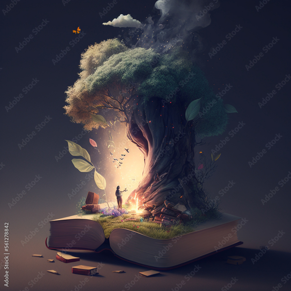Open book with story popping out coming alive, generative ai Stock ...