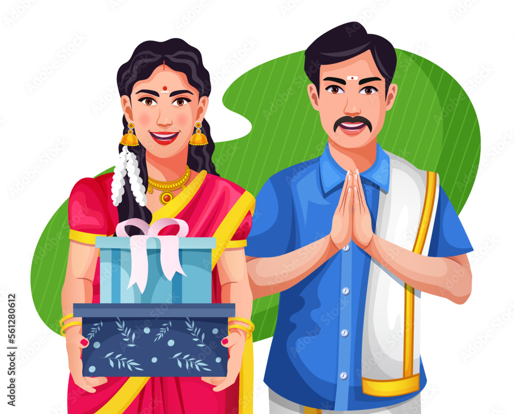 Beautiful Smiling south indian couple greeting wearing traditional ...