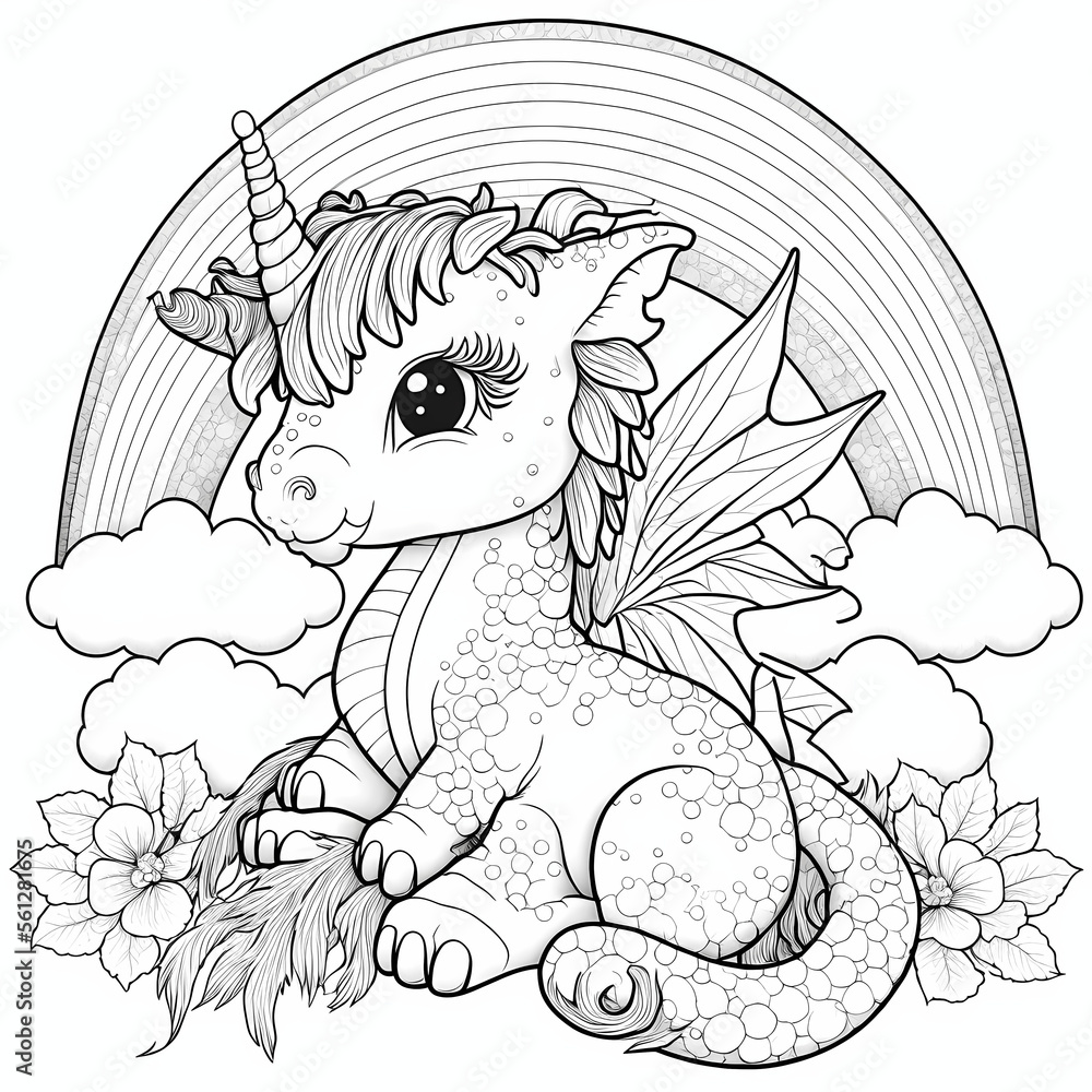 cute dragon unicorn, coloring book page for coloring book. doodling for ...