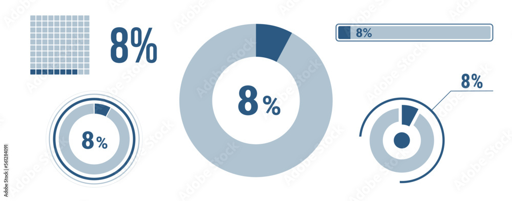 8% percentage infographic set. Eight circle diagram, pie donut chart ...
