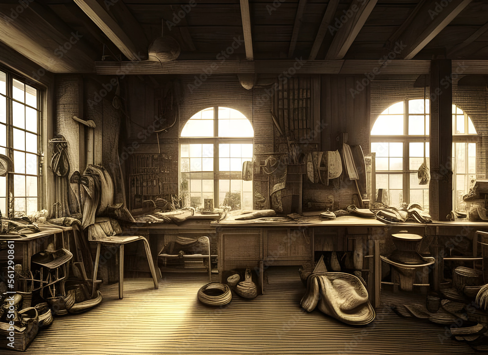 Painting of an old-fashioned leather working workshop depicting a ...