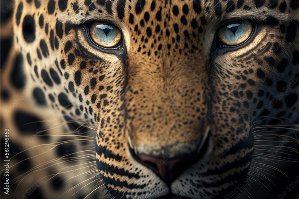 a close up of a leopard's face with blue eyes and a black background ...