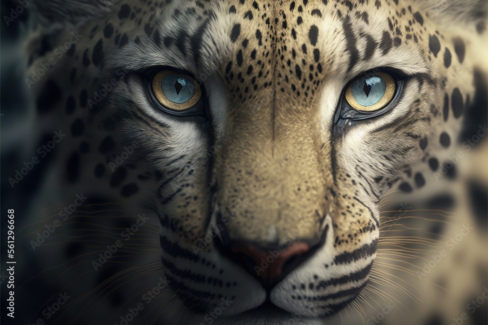 a close up of a leopard's face with blue eyes and a black background ...