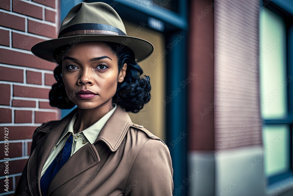 African American detective woman portrait, police station background ...