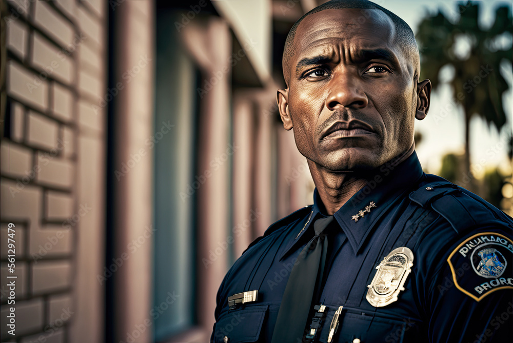 African American policeman portrait, police station background ...