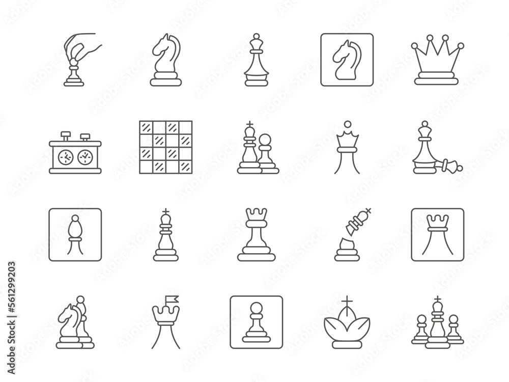 Chess piece. Competition game line icons. Queen or king figures. White ...