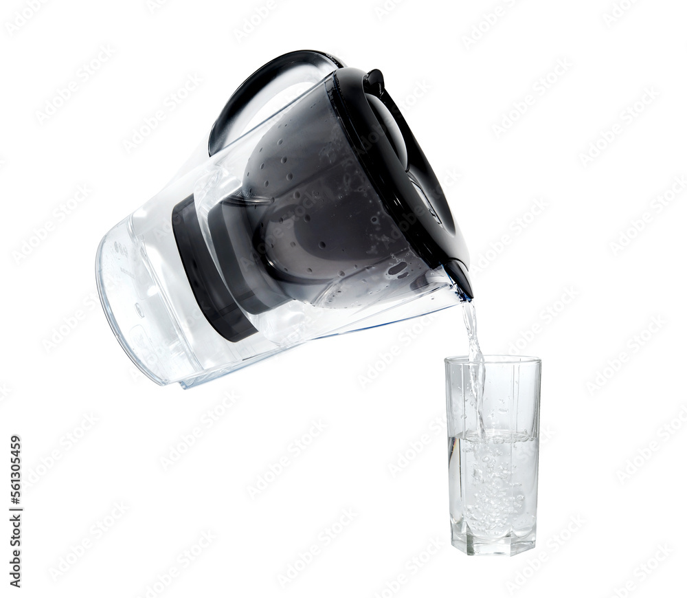 Water filter pours water into a glass beaker on a white background ...