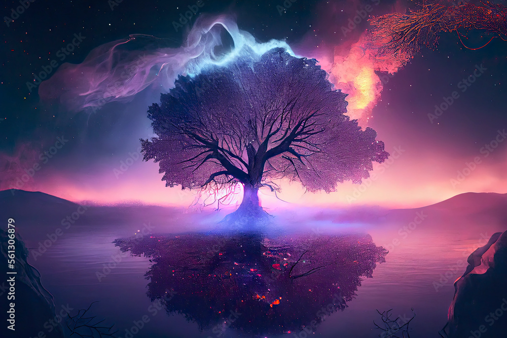 ethereal tree of life in center of a lake, with soft fairy fog ...