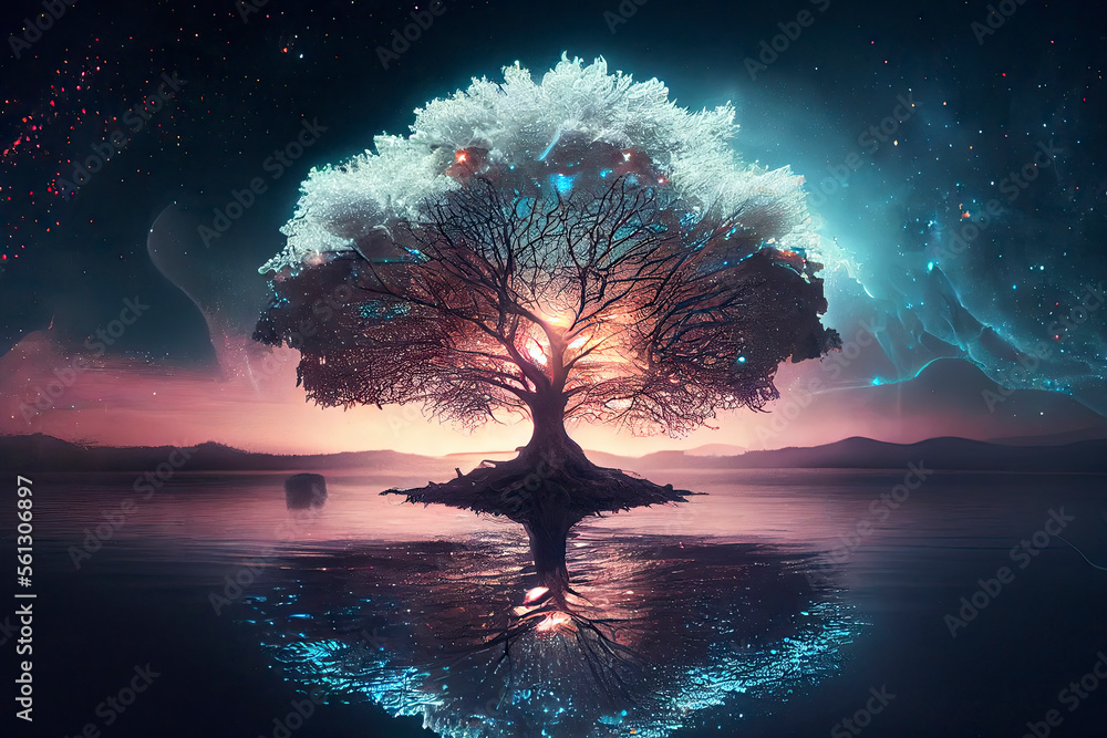 ethereal tree of life in center of a lake, with soft fairy fog ...
