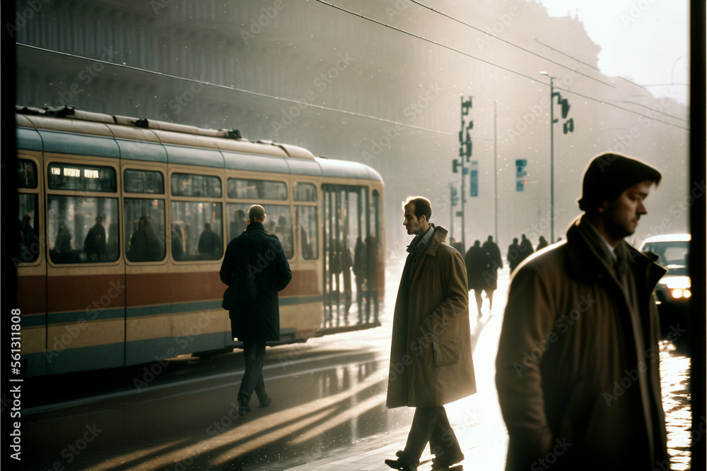 Cinematic scene of bus and people in 1989 Berlin streets generated by ...