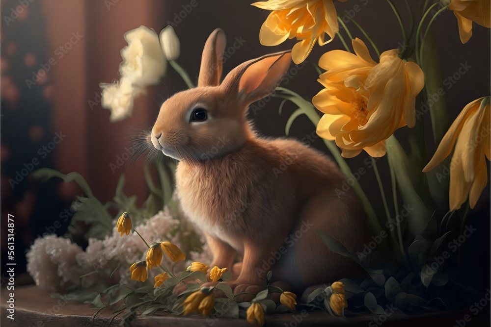 Cute realistic easter bunny on flowers background.Easter spring ...
