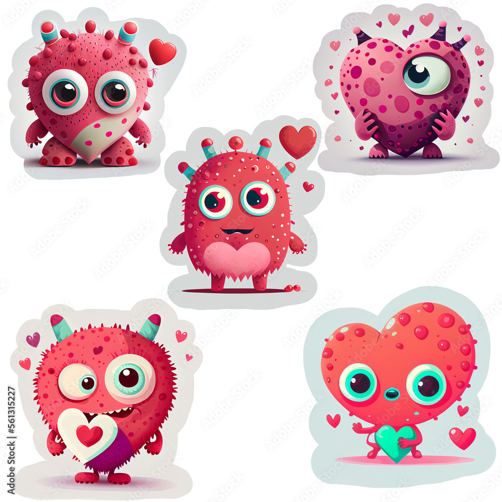 Adorable valentines day monster PNG set created with generative ai ...